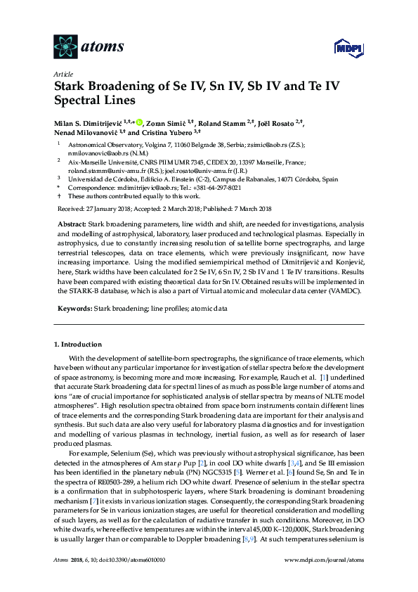 (PDF) Stark Broadening of Se IV, Sn IV, Sb IV and Te IV Spectral Lines