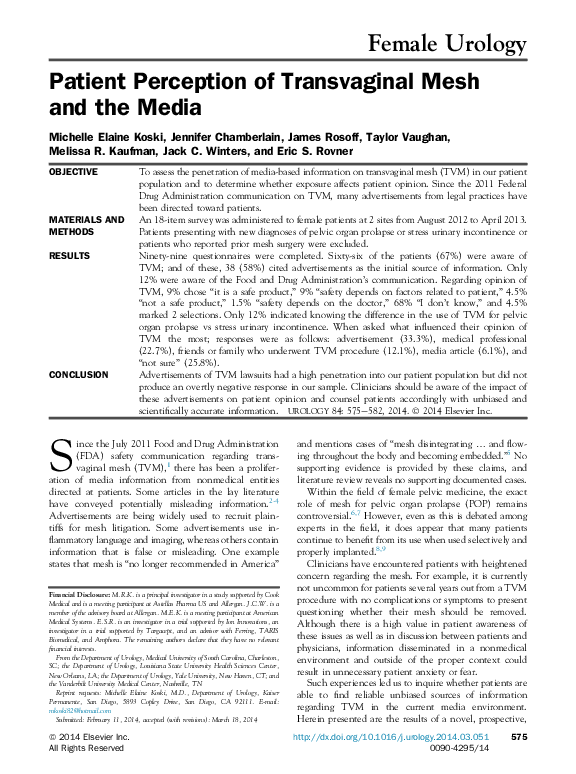 (PDF) Patient Perception of Transvaginal Mesh and the Media