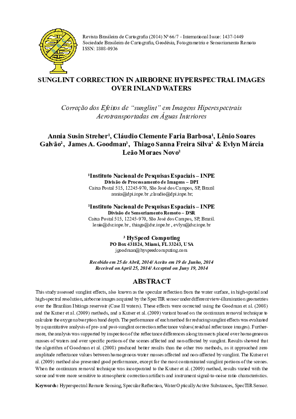 Pdf Sunglint Correction In Airborne Hyperspectral Images Over Inland Waters