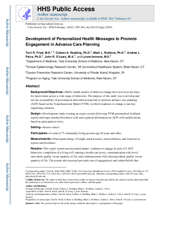 (PDF) Development of Personalized Health Messages to Promote Engagement ...