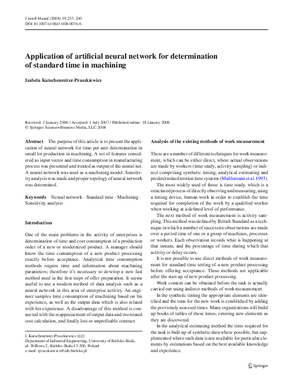 Pdf Application Of Artificial Neural Network For Determination Of Standard Time In Machining