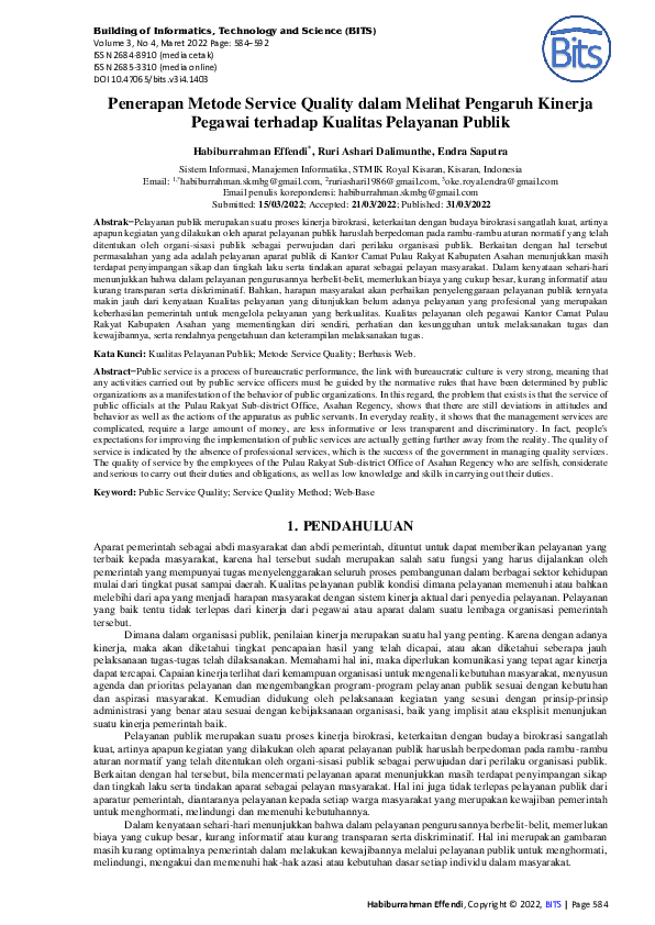 (PDF) Penerapan Metode Service Quality dalam Melihat Pengaruh Kinerja Pegawai terhadap Kualitas ...