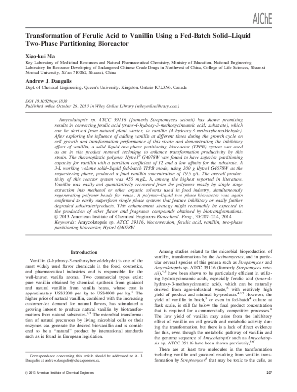 (PDF) Transformation of ferulic acid to vanillin using a fed-batch ...