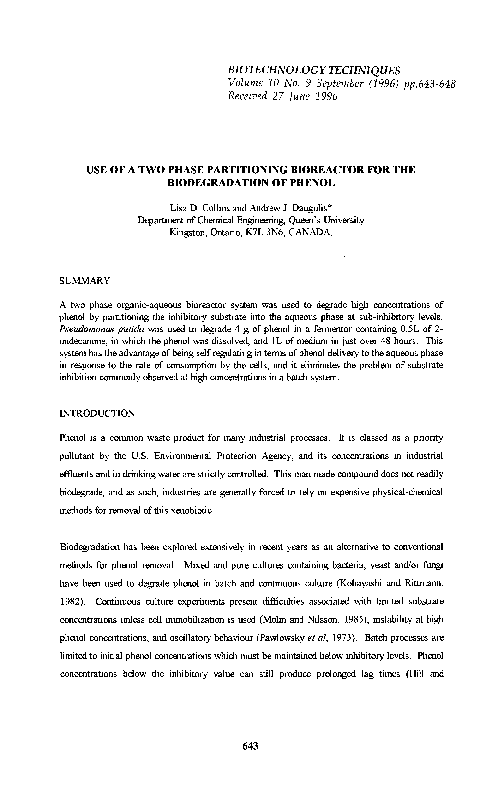 (PDF) Use of a two phase partitioning bioreactor for the biodegradation ...