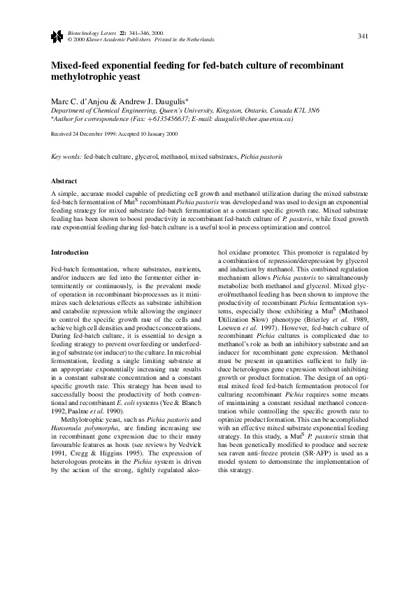 (PDF) Mixed-feed exponential feeding for fed-batch culture of ...