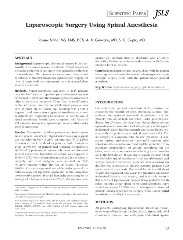 (PDF) Laparoscopic surgery using spinal anesthesia