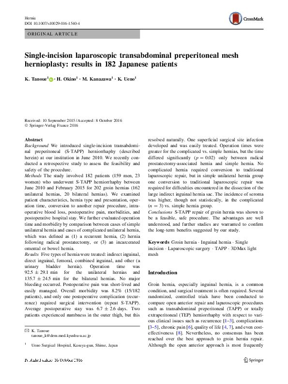 (PDF) Single-Incision Laparoscopic Transabdominal Preperitoneal Inguinal Hernia Repair Using ...