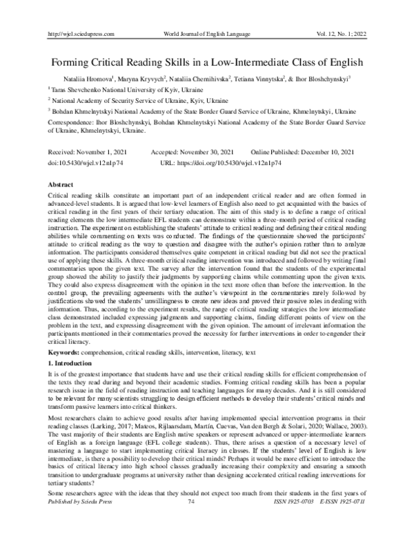 Pdf Forming Critical Reading Skills In A Low Intermediate Class Of