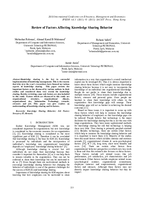 (PDF) Review of Factors Affecting Knowledge Sharing Behavior