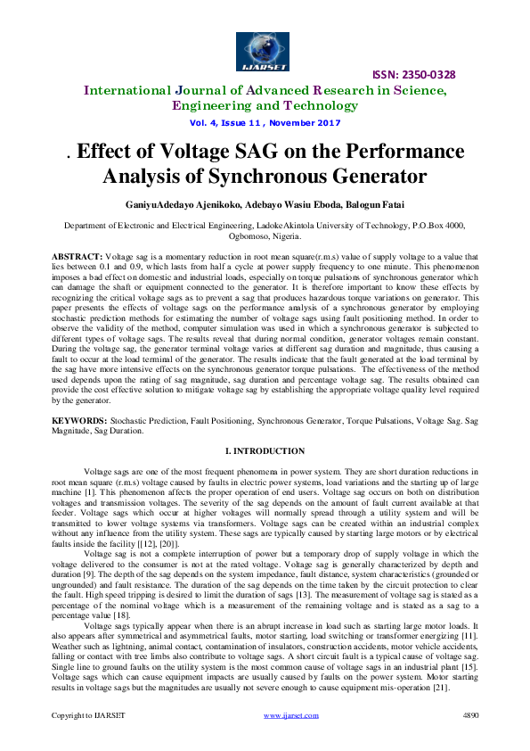 Pdf Effect Of Voltage Sag On The Performance Analysis Of Synchronous Generator