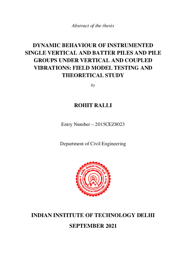 (PDF) Abstract of the thesis DYNAMIC BEHAVIOUR OF INSTRUMENTED SINGLE VERTICAL AND BATTER PILES ...