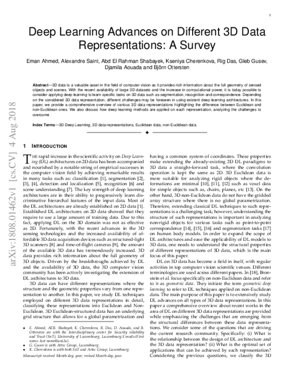 (PDF) Deep Learning Advances on Different 3D Data Representations: A Survey