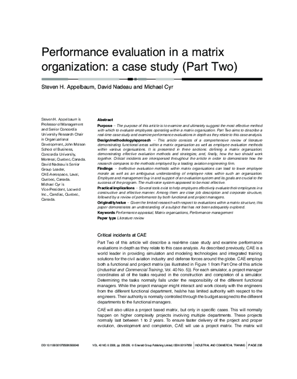 (PDF) Performance evaluation in a matrix organization: a case study (Part One)