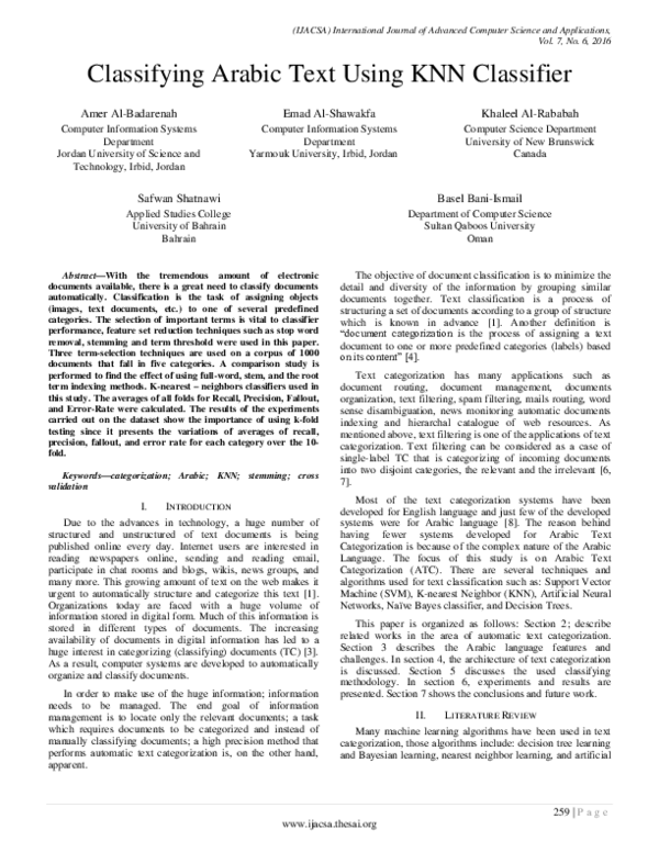 Pdf Classifying Arabic Text Using Knn Classifier Dr Emad Al Shawakfa 