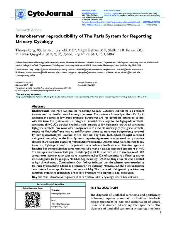 (PDF) Interobserver reproducibility of The Paris System for Reporting ...
