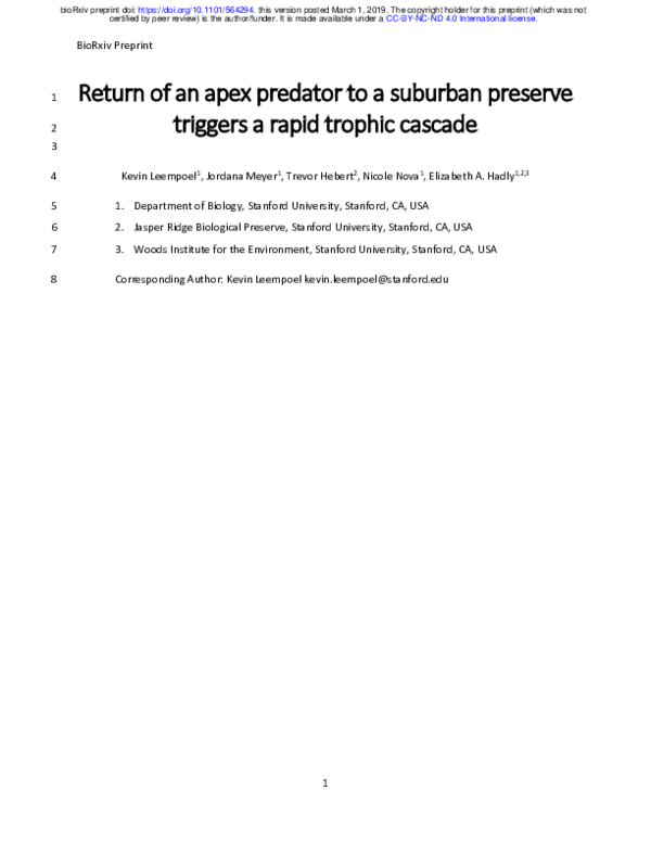 (PDF) Return of an apex predator to a suburban preserve triggers a rapid trophic cascade