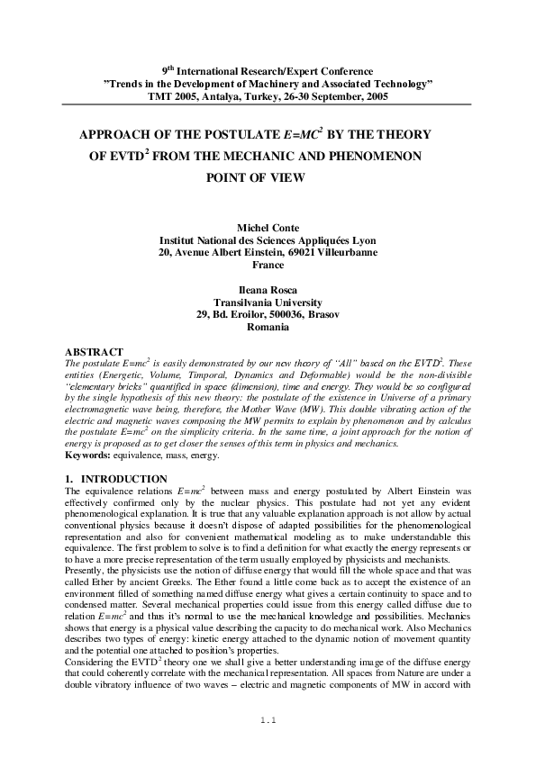 (PDF) Approach of the Postulate E=MC 2 by the Theory of Evtd 2 from the ...