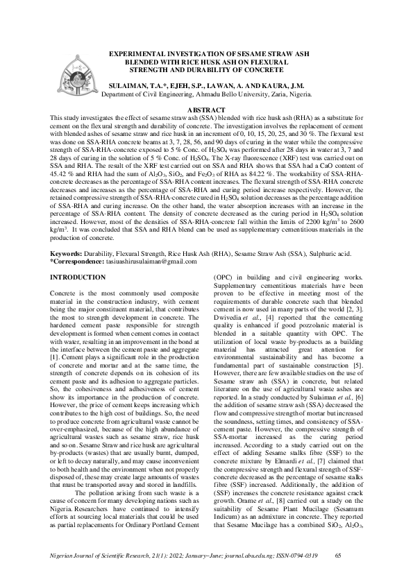 (PDF) EXPERIMENTAL INVESTIGATION OF SESAME STRAW ASH BLENDED WITH RICE ...