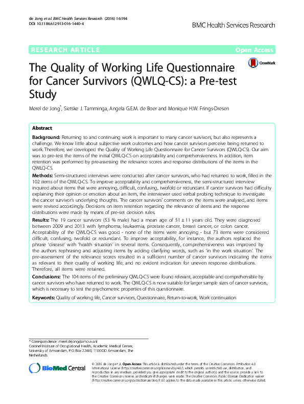 (PDF) The Quality of Working Life Questionnaire for Cancer Survivors ...