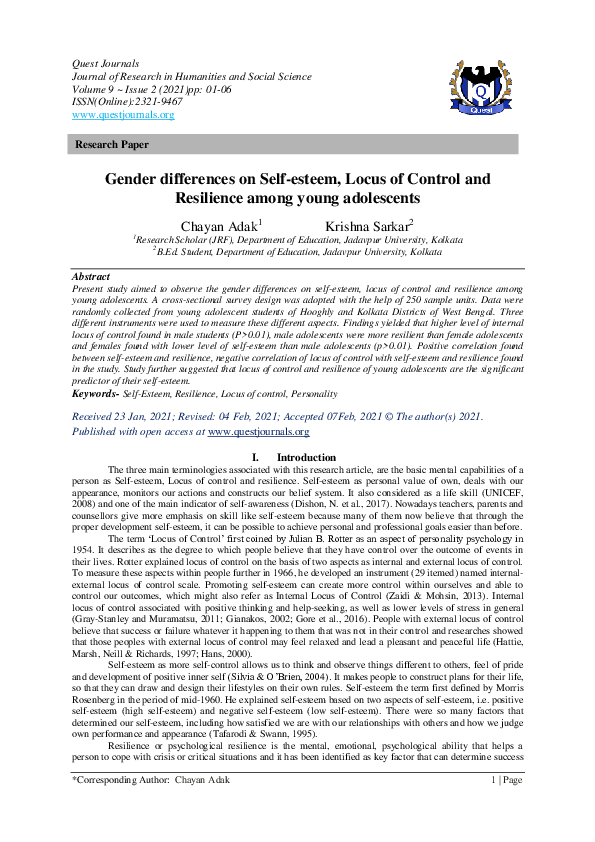 Pdf Gender Differences On Self Esteem Locus Of Control And