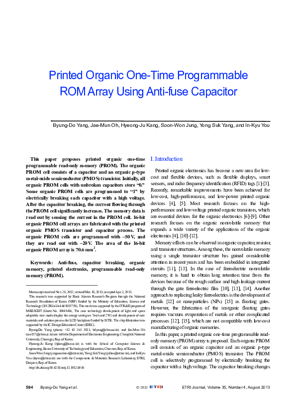 Pdf Printed Organic One Time Programmable Rom Array Using Anti Fuse Capacitor