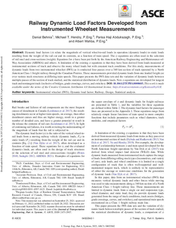 (PDF) Railway Dynamic Load Factors Developed from Instrumented Wheelset ...