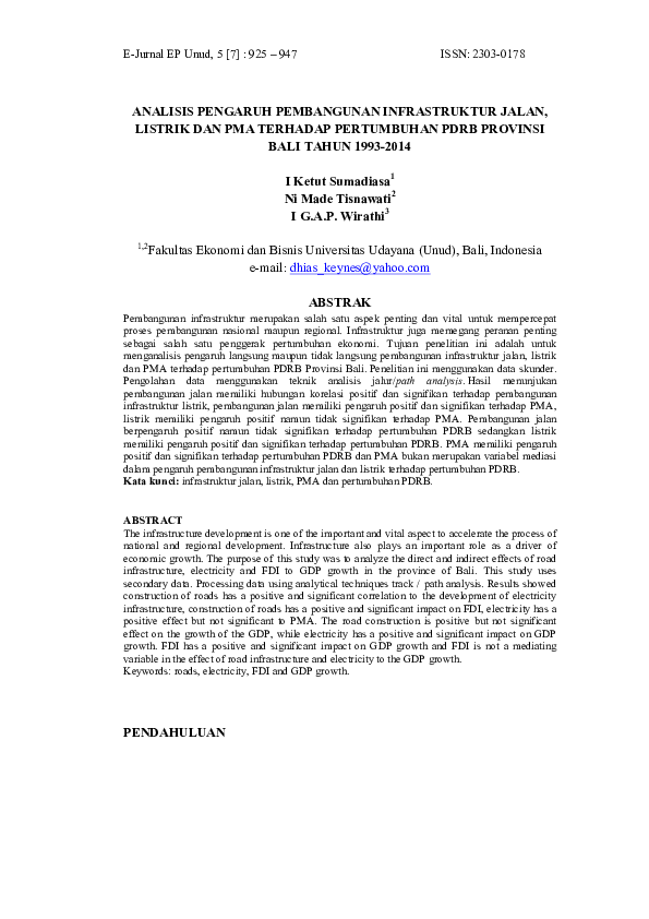 (PDF) Analisis Pengaruh Pembangunan Infrastruktur Jalan, Listrik dan PMA terhadap Pertumbuhan ...