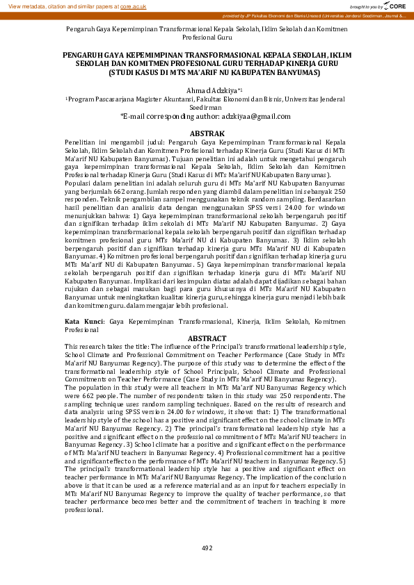 (PDF) Pengaruh Gaya Kepemimpinan Transformasional Kepala Sekolah, Iklim Sekolah Dan Komitmen ...