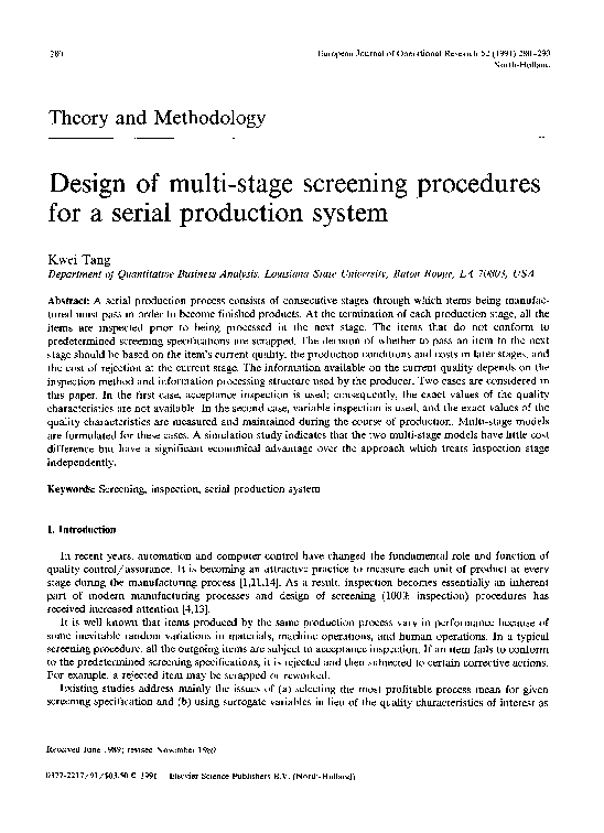 (PDF) Design of multi-stage screening procedures for a serial ...