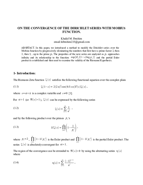 (PDF) On the Convergence of the Dirichlet Series with Mobius Function