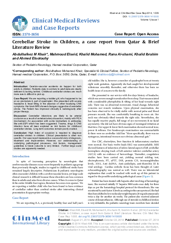 (PDF) Cerebellar Stroke in Children, Case report from Qatar & Brief ...