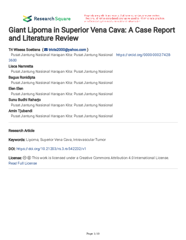 (PDF) Giant Lipoma in Superior Vena Cava: A Case Report and Literature ...