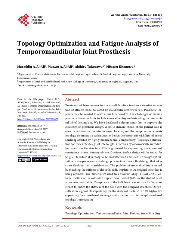 (PDF) Topology Optimization and Fatigue Analysis of Temporomandibular Joint Prosthesis