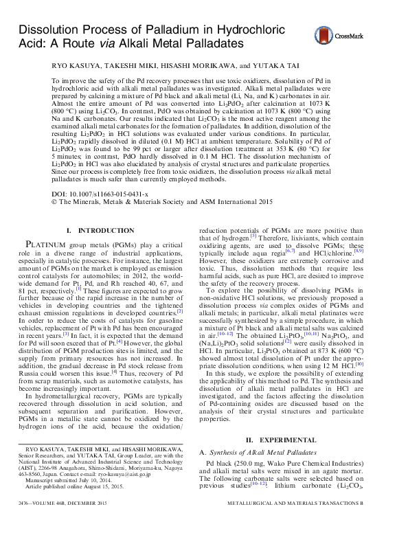 (PDF) Dissolution Process of Palladium in Hydrochloric Acid: A Route ...