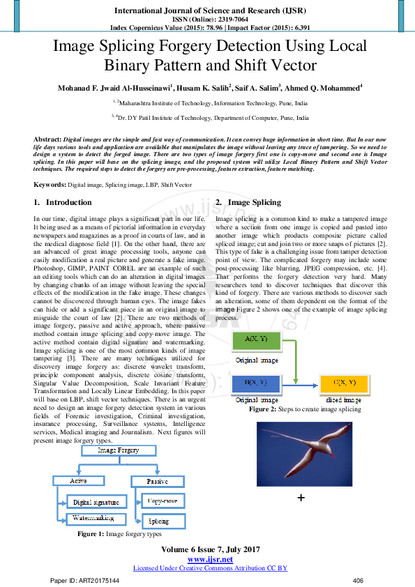 Pdf Image Splicing Forgery Detection Using Local Binary Pattern And Shift Vector Husam K