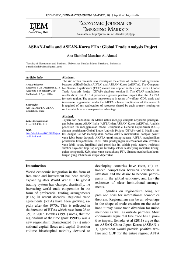 (PDF) Asean-India and Asean-Korea Fta: Global Trade Analysis Project | Ana Shohibul - Academia.edu