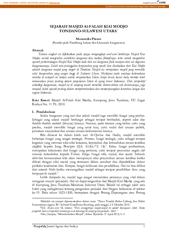 (PDF) Sejarah Masjid Al-Falah Kiai Modjo Tondano-Sulawesi Utara