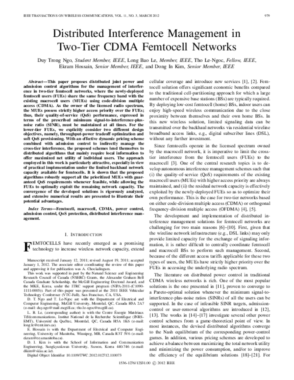 (PDF) Distributed Interference Management in Two-Tier CDMA Femtocell Networks