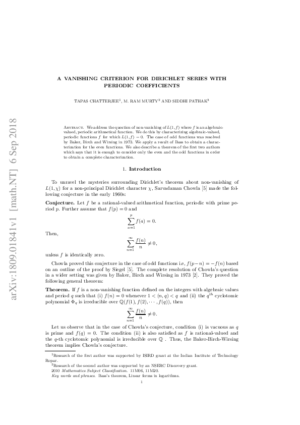 (PDF) A vanishing criterion for Dirichlet series with periodic coefficients