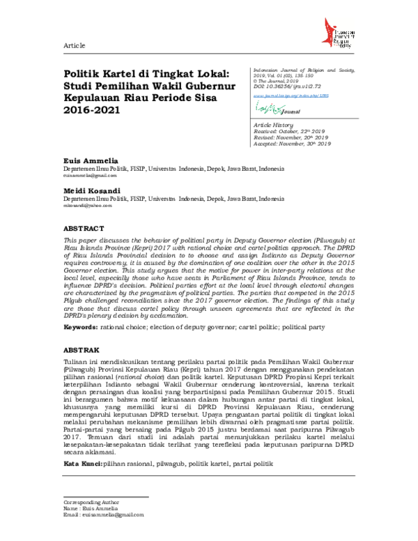 (PDF) Politik Kartel di Tingkat Lokal: Studi Pemilihan Wakil Gubernur Kepulauan Riau Periode ...