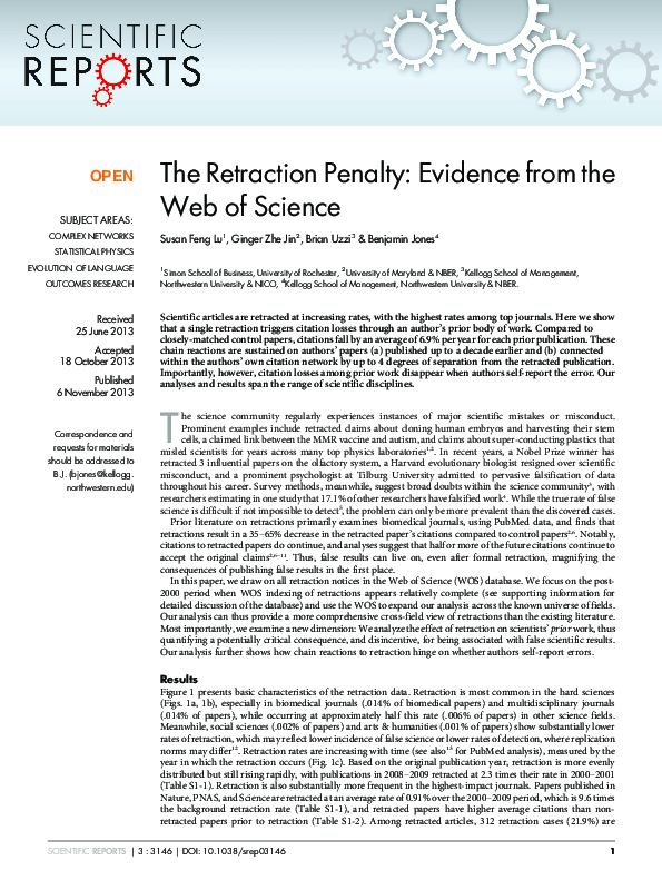 (PDF) The Retraction Penalty: Evidence from the Web of Science