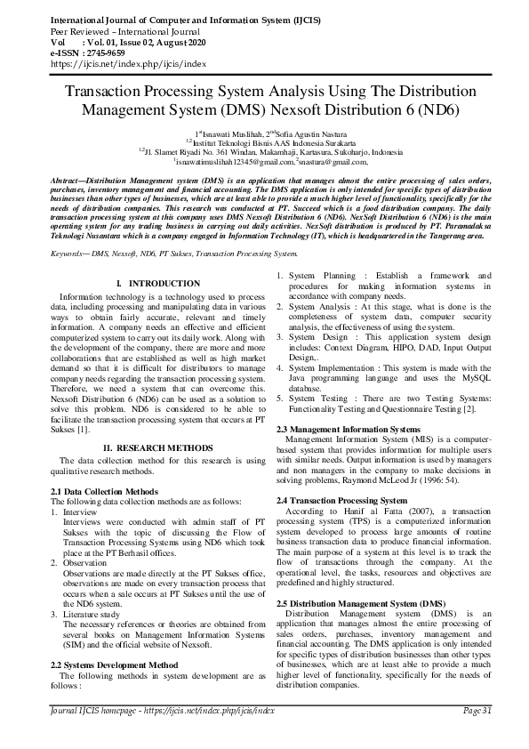 (PDF) Transaction Processing System Analysis Using The Distribution Management System (DMS ...