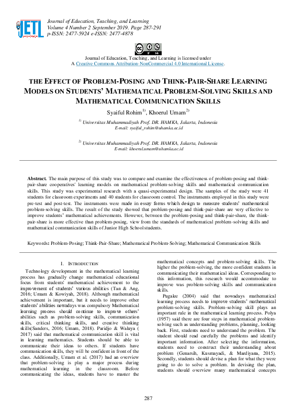(PDF) the Effect of Problem-Posing and Think-Pair-Share Learning Models ...