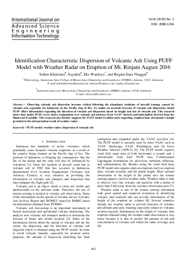 (PDF) Identification Characteristic Dispersion of Volcanic Ash Using PUFF Model with Weather ...