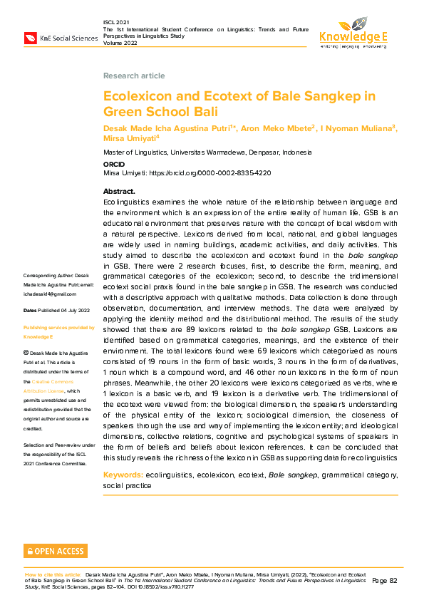 (PDF) Ecolexicon and Ecotext of Bale Sangkep in Green School Bali