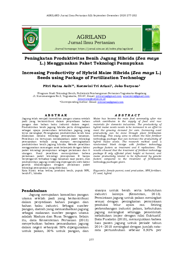 (PDF) Peningkatan Produktivitas Benih Jagung Hibrida (Zea mays L.) Menggunakan Paket Teknologi ...