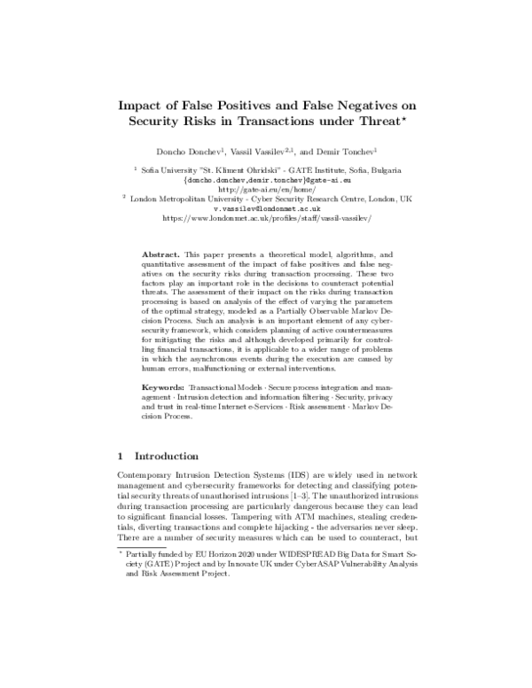 (PDF) Impact of False Positives and False Negatives on Security Risks in Transactions Under Threat
