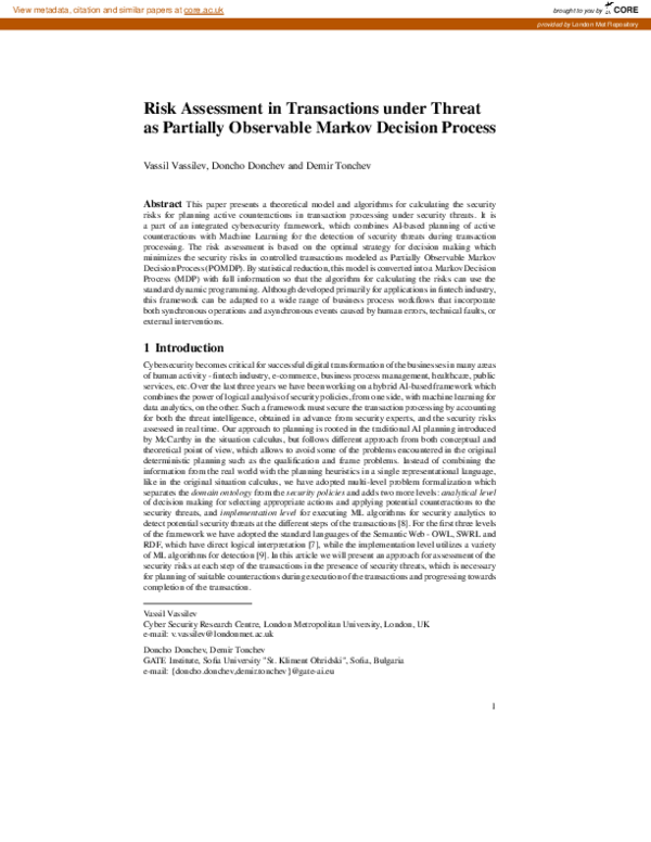 (PDF) Risk assessment in transactions under threat as Partially Observable Markov Decision Process
