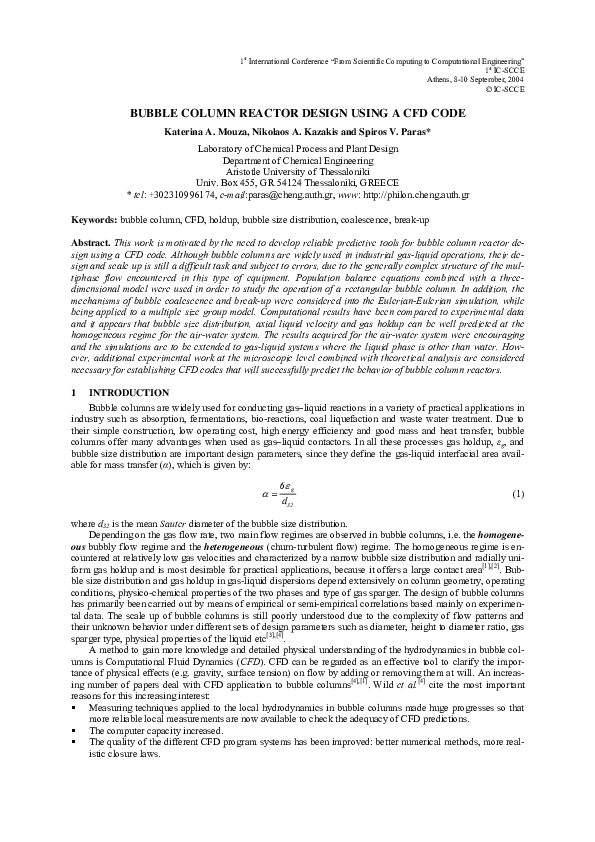 (PDF) Bubble column reactor design using a CFD code
