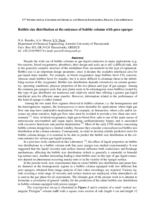 (PDF) Bubble size distribution at the entrance of bubble column with pore sparger